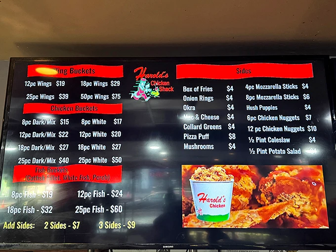The menu board at Harold's reads like poetry to chicken lovers—wings, dark meat, white meat, and those essential sides.