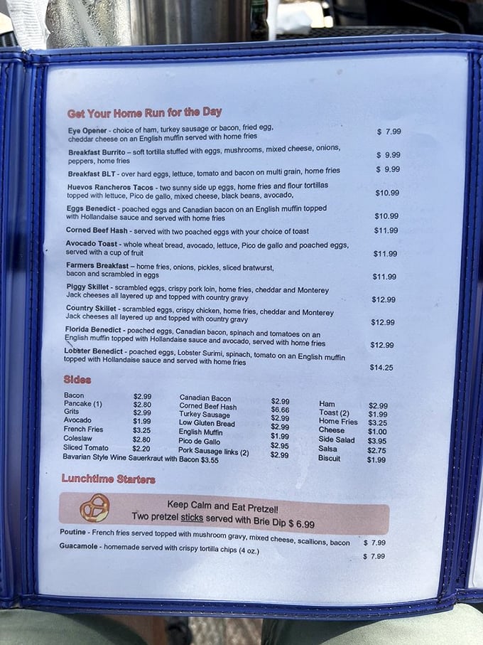 This menu reads like a love letter to breakfast classics. The "Get Your Home Run for the Day" section isn't just cute wordplay—it's truth in advertising. 