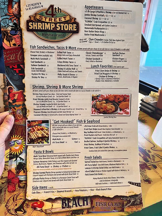 This menu isn't just a list – it's a love letter to the ocean. The "Shrimp, Shrimp & More Shrimp" section alone could bring a tear to a seafood lover's eye.