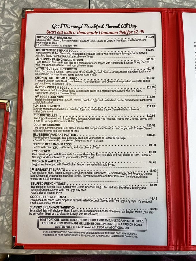 This menu isn't just a list of options—it's a roadmap to breakfast nirvana. The "Gut Buster Burrito" isn't just named that for show.