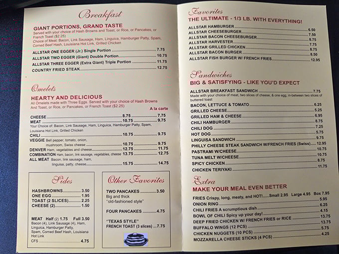 This menu isn't just a list—it's a roadmap to happiness. "Giant Portions" isn't marketing speak; it's a solemn promise to your appetite.
