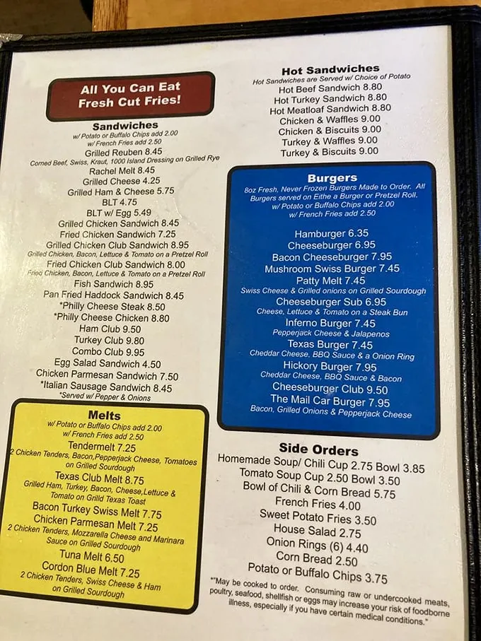 Menu archaeology reveals treasures like all-you-can-eat fries and a "Mail Car Burger" – artifacts from a time when calories weren't counted but memories were.