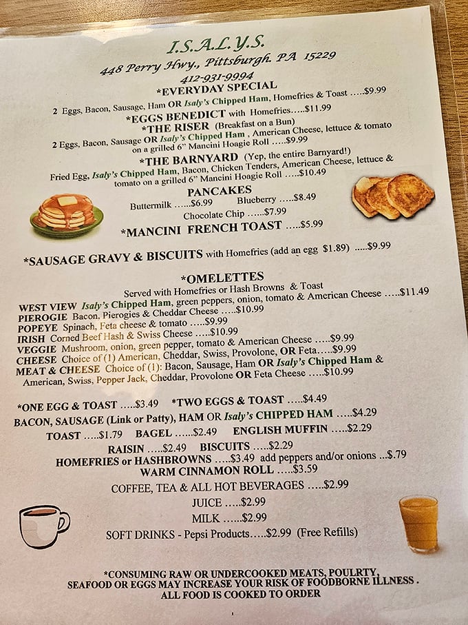This menu isn't just a list of options – it's a roadmap to Pittsburgh culinary heritage, with "Isaly's Chipped Ham" appearing like a celebrity throughout.