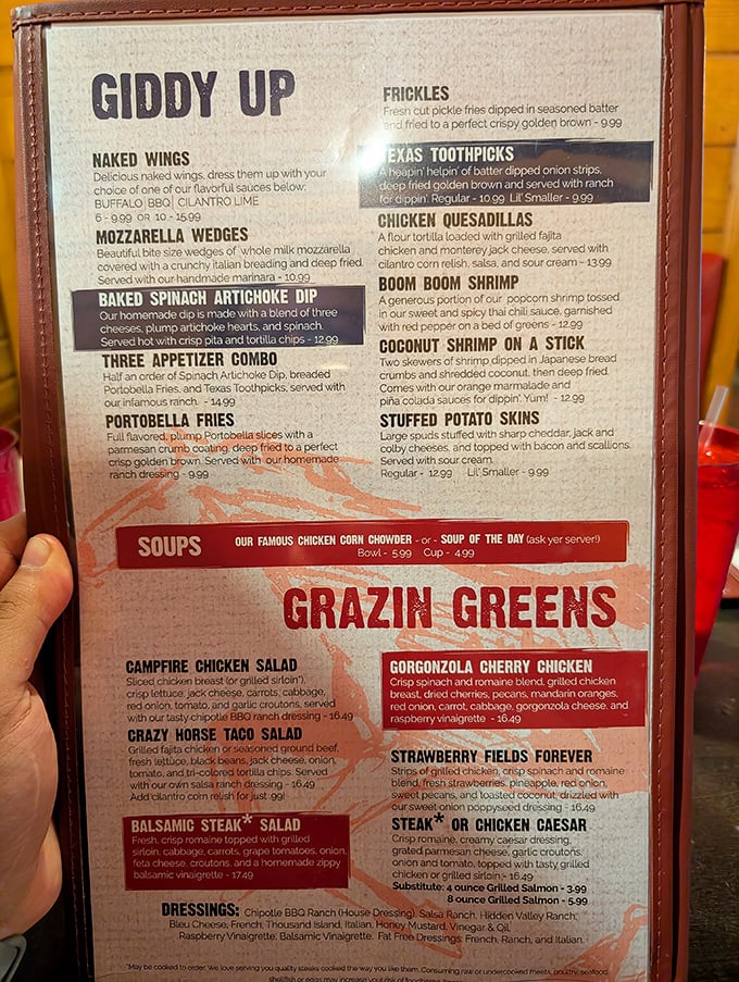The "Giddy Up" appetizer section isn't just cute wordplay—it's a roadmap to happiness. Those Texas Toothpicks are calling my name!