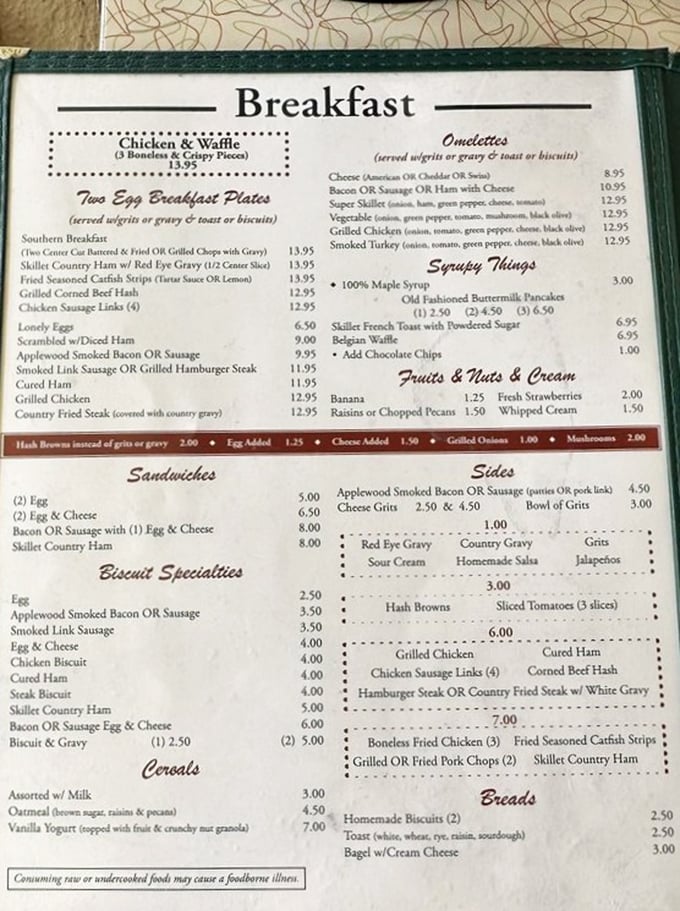 This menu isn't just a list of food—it's a Southern manifesto where biscuits are religion and grits are non-negotiable. Choose your breakfast adventure wisely.