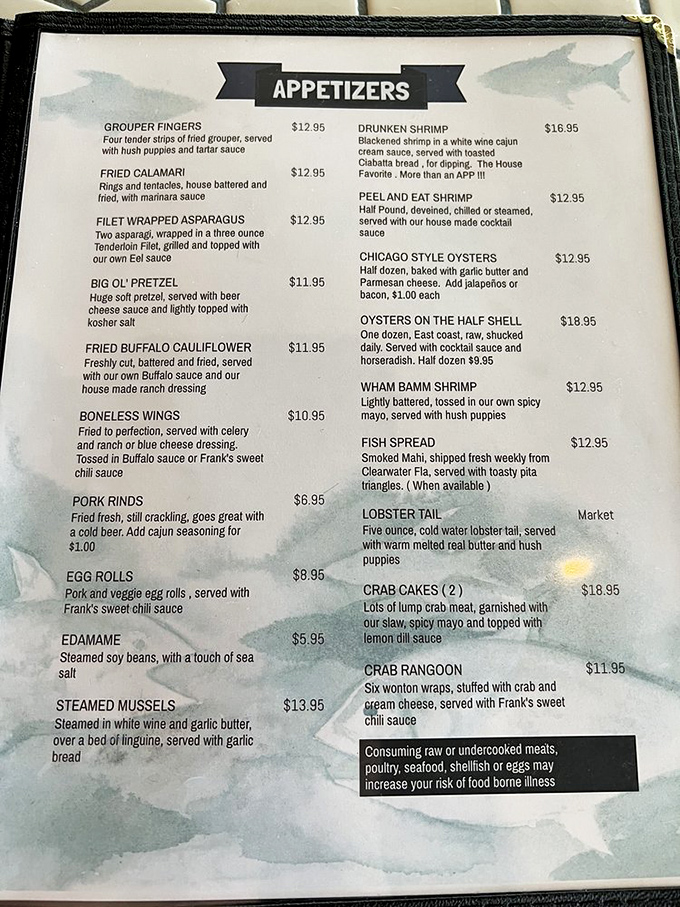 This menu reads like a love letter to seafood enthusiasts—Drunken Shrimp and Wham Bam Shrimp might just have you reciting poetry to your plate.