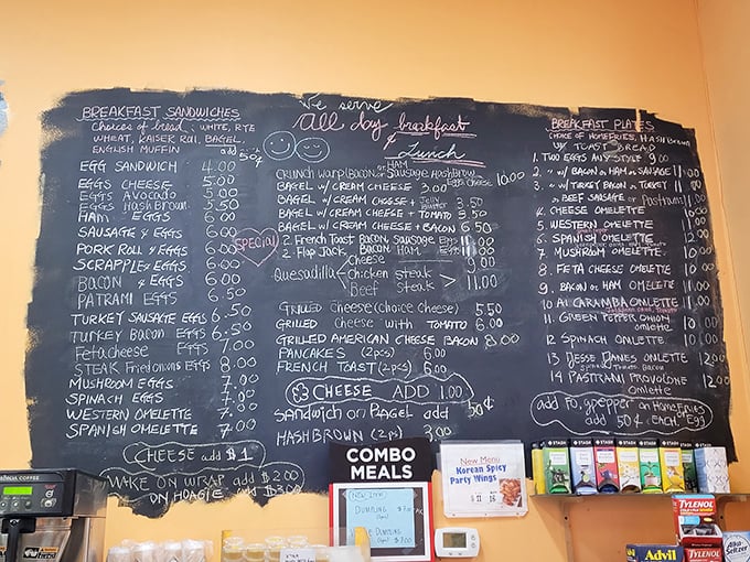The chalkboard menu—a magnificent tapestry of breakfast possibilities that makes ordering feel like a delightful choose-your-own-adventure novel.