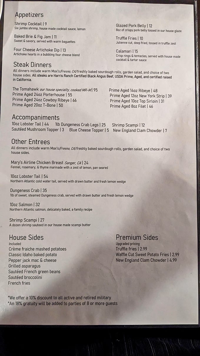 A menu that reads like poetry to carnivores—Harris Ranch Certified Black Angus beef takes center stage, with supporting acts that deserve their own spotlight.