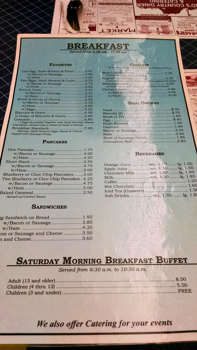 A menu where inflation seems forbidden—breakfast prices that make city dwellers wonder if they've time-traveled back to the Reagan administration.