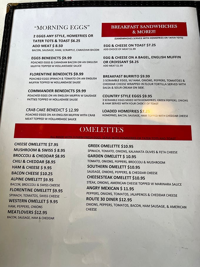 This menu isn't just a list of food—it's a roadmap to happiness. The Route 30 Diner omelet might be the most ambitious collection of ingredients since the Manhattan Project.