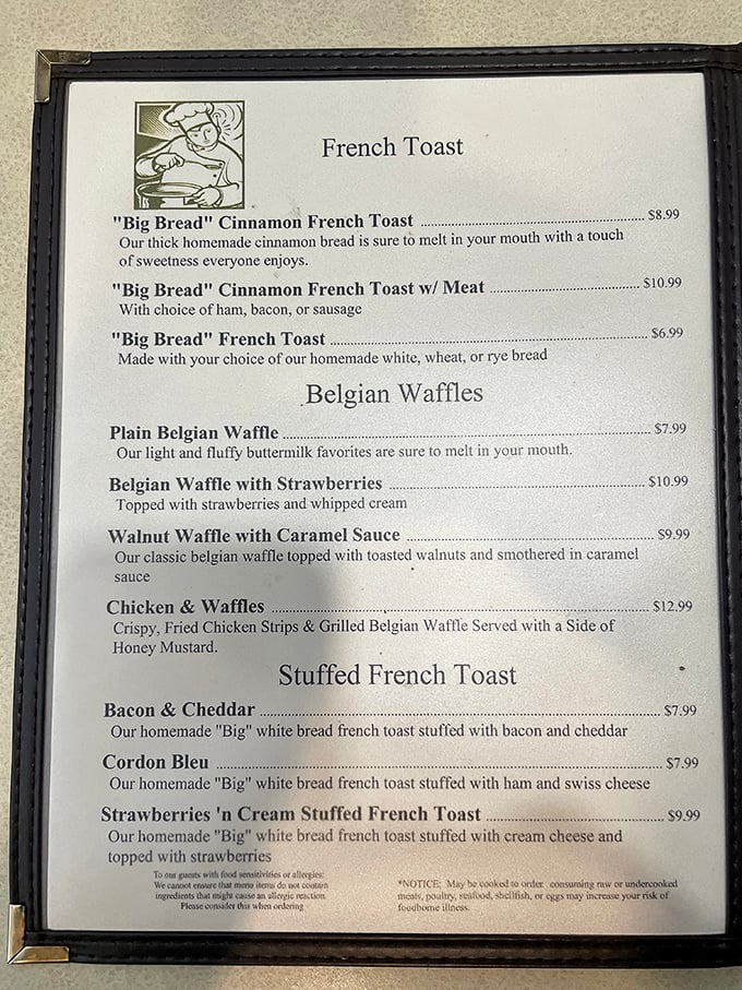 The menu that launched a thousand road trips. That "Big Bread" Cinnamon French Toast isn't just breakfast—it's an event your taste buds will mark on their calendar.