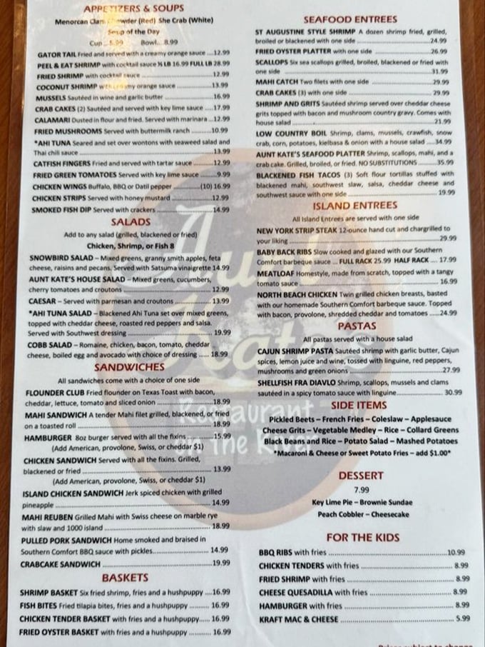 A menu that reads like a love letter to Florida seafood—where deciding what not to order becomes the real challenge.