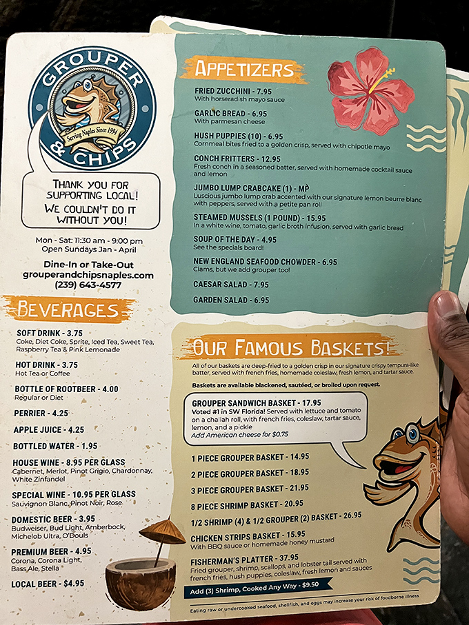 This menu reads like a love letter to seafood enthusiasts – notice how they proudly announce their grouper sandwich is "Voted #1 in SW Florida."