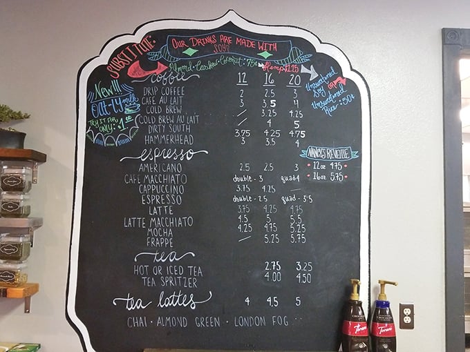 Coffee options that would make Seattle jealous scrawled on a chalkboard menu—proof that Kansans take their caffeine as seriously as their BBQ.