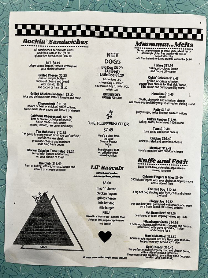 This isn't just a menu—it's a passport to simpler times. The "Fluffernutter" sandwich alone is worth the trip down memory lane.