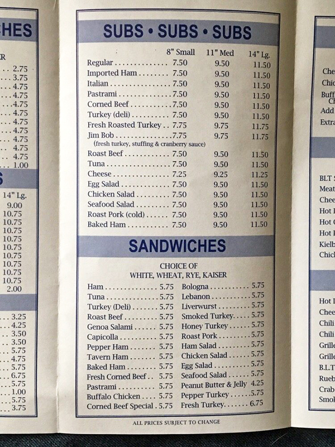 A menu board that cuts right to the chase – no flowery descriptions or trendy food buzzwords, just the honest names of sandwiches that have earned their place in the lineup.