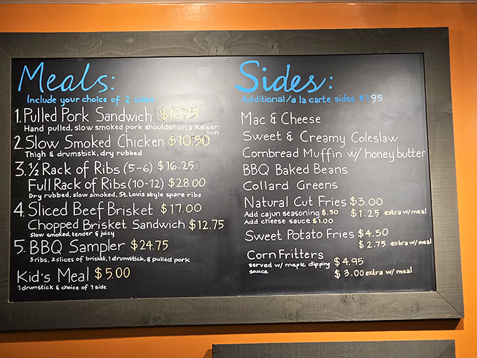 A menu board that reads like poetry to meat lovers. Each chalk-written offering is a verse in an epic barbecue ballad that's been perfected over countless smoking sessions.