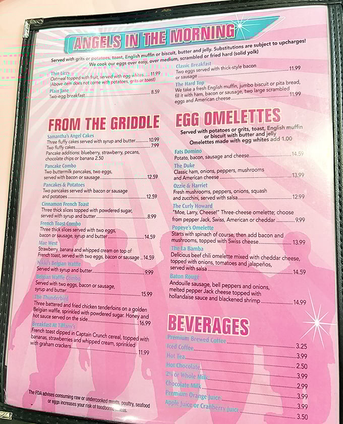 This isn't just a menu—it's a pink-hued roadmap to happiness. "Angels in the Morning" isn't just clever wordplay; it's a breakfast promise.