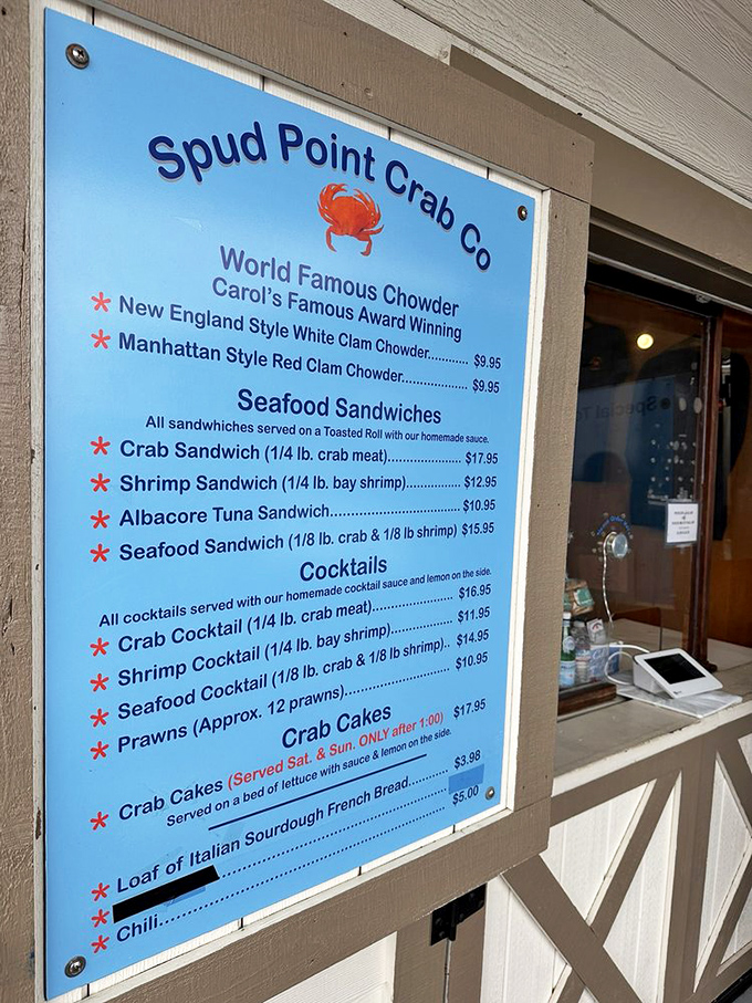 This menu isn't just a list of options—it's a treasure map where X marks the spot for "World Famous Chowder" and crab sandwiches that haunt dreams.