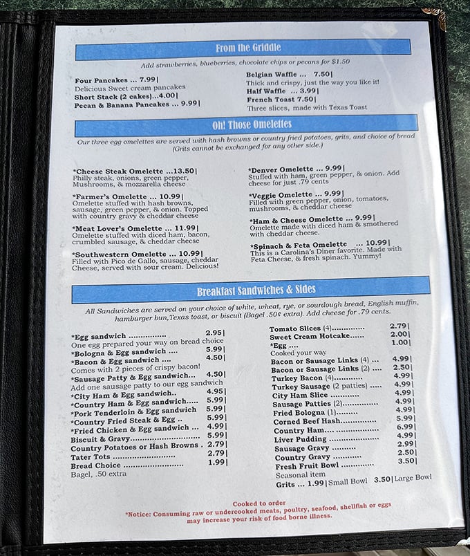 This menu isn't just a list—it's a roadmap to satisfaction. The "Oh! Those Omelettes" section alone deserves its own ZIP code.