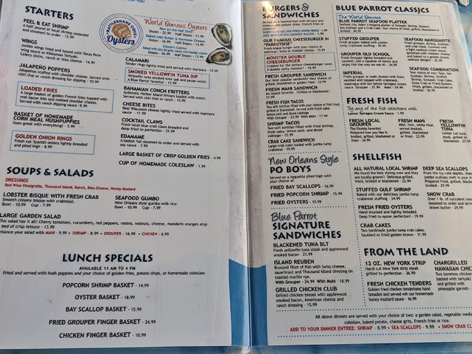 A menu that reads like a love letter to the Gulf—where deciding between oysters, shrimp, and grouper becomes life's most delicious dilemma.