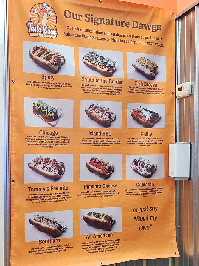 The menu board reads like a passport to hot dog heaven, with each creation more tempting than the last. Decision paralysis has never been so delicious.