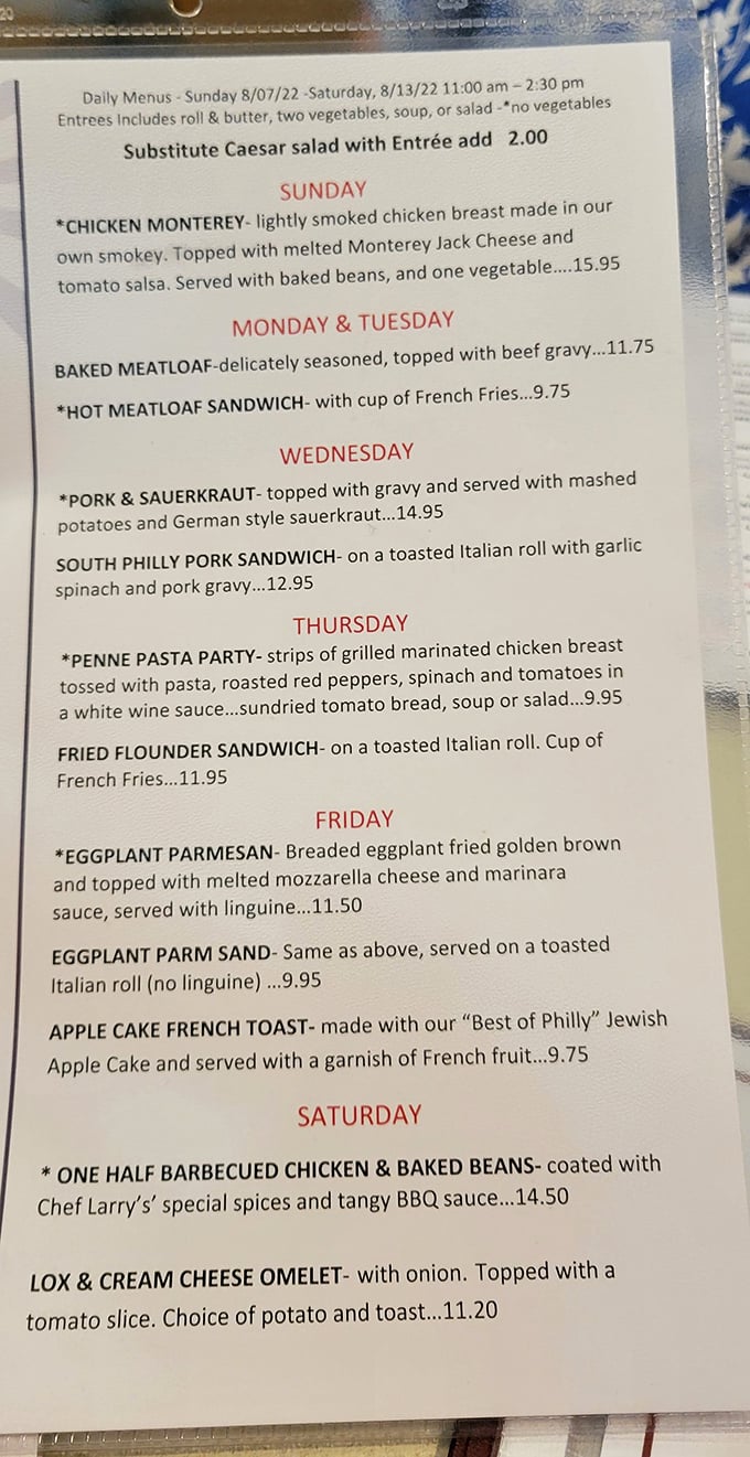 This isn't just a menu—it's a weekly roadmap to happiness. Each day brings its own specialty, like a delicious surprise waiting to be unwrapped.