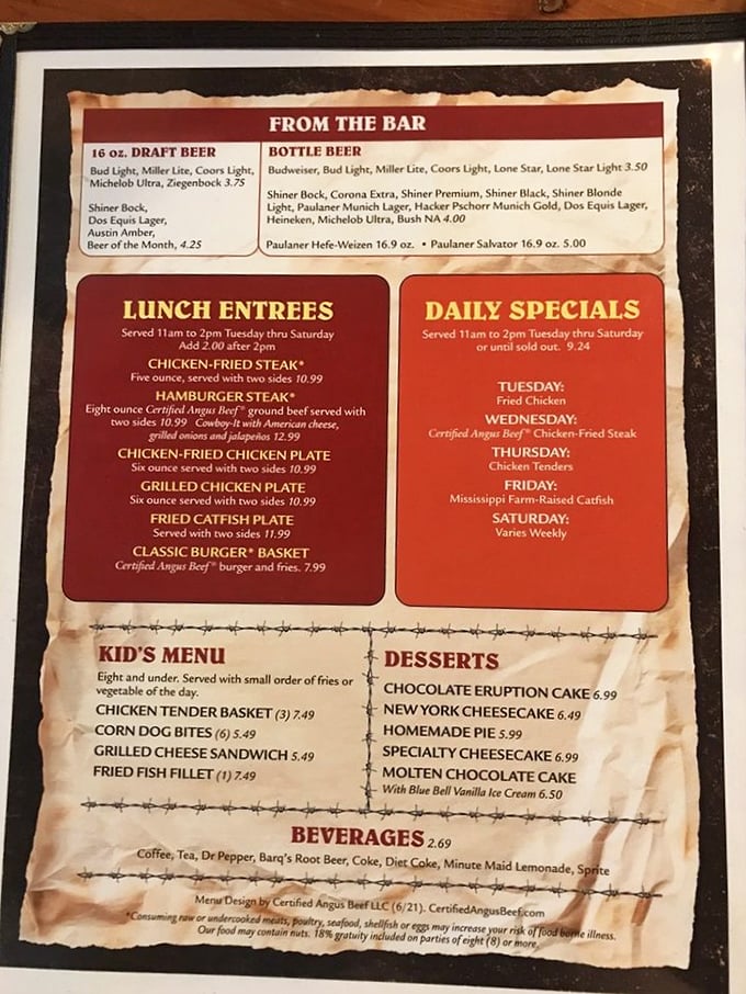 This menu isn't just a list of food—it's a roadmap to happiness. Wednesday's chicken fried steak special might be the best detour you'll ever take.