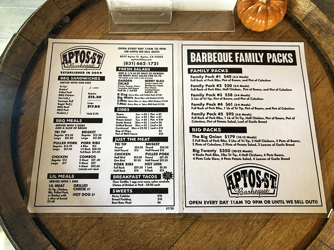 A menu that doesn't mince words—just promises meat prepared with patience, smoke, and reverence. The barbecue equivalent of a treasure map.