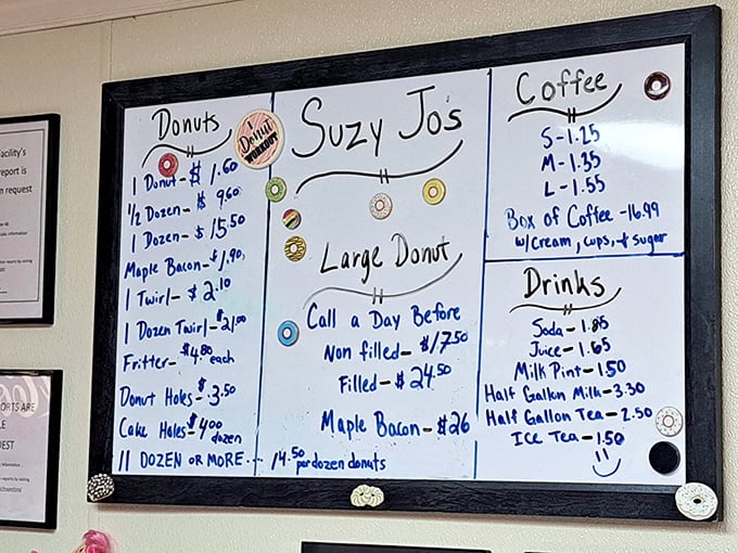 The handwritten menu board—a refreshing analog experience in our digital world. Those little donut drawings seal the deal.