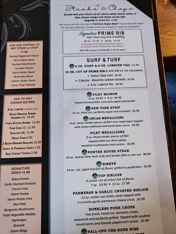 This menu isn't just a list of options—it's a roadmap to happiness. The "Signature Prime Rib" section alone could bring tears to a meat lover's eyes.