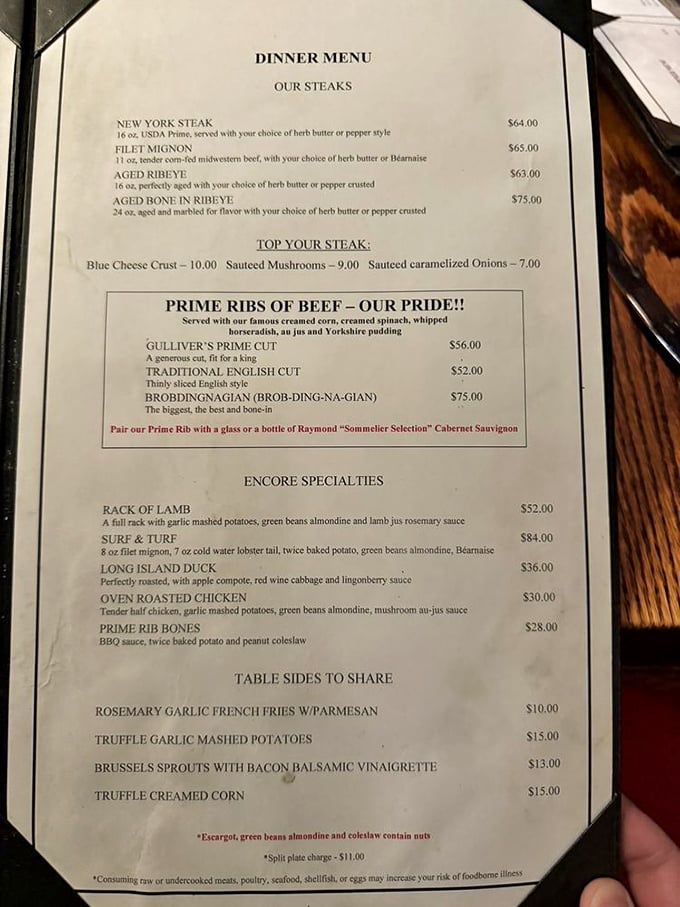 A menu that doesn't mince words—just meat. The "Brobdingnagian" cut is what happens when literature majors become restaurateurs.