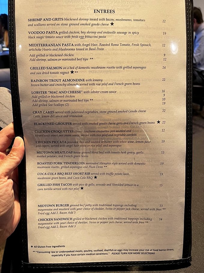 This menu isn't just a list of dishes—it's a roadmap to happiness. The shrimp and grits alone has caused more spontaneous joy than winning at bingo.