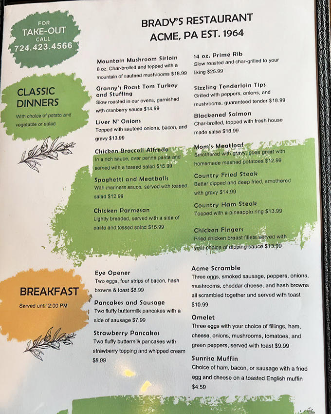 This menu isn't just a list of dishes—it's a roadmap to comfort food nirvana, with "Mom's Meatloaf" as the North Star.
