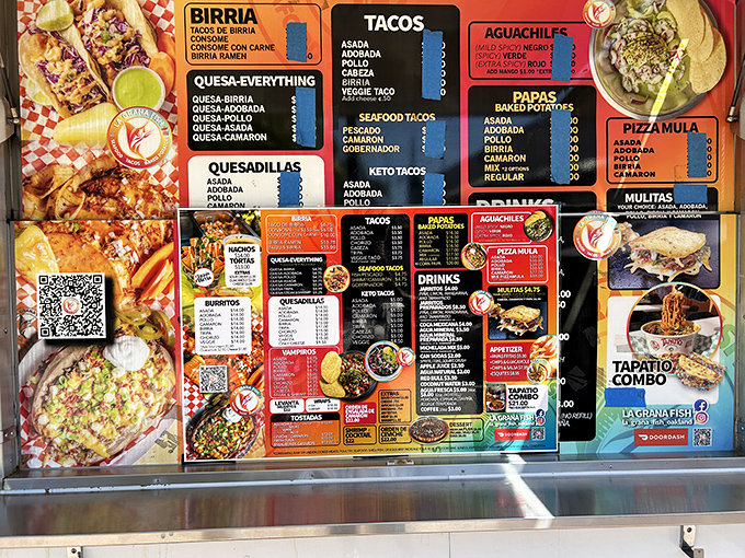 A colorful roadmap to flavor town. The menu board's vibrant panels showcase a Mexican seafood adventure where every path leads to deliciousness.