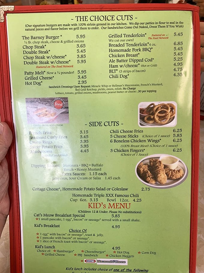 This isn't just a menu—it's a roadmap to happiness. The "Choice Cuts" section reads like poetry to anyone who appreciates honest, unpretentious American classics.
