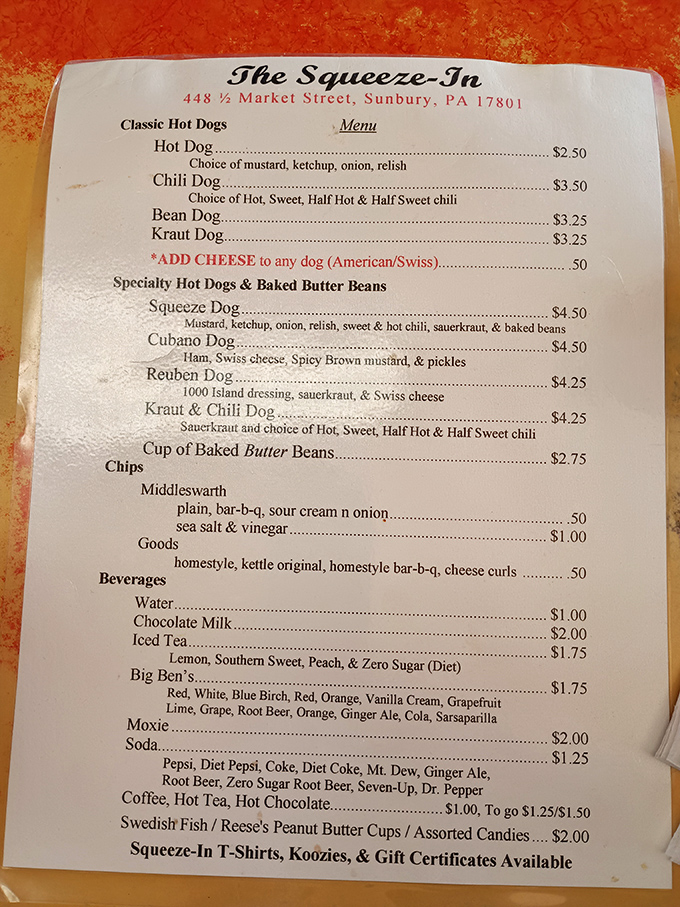 A menu that gets straight to the point—no fancy descriptions needed when your hot dogs have achieved legendary status in Pennsylvania.