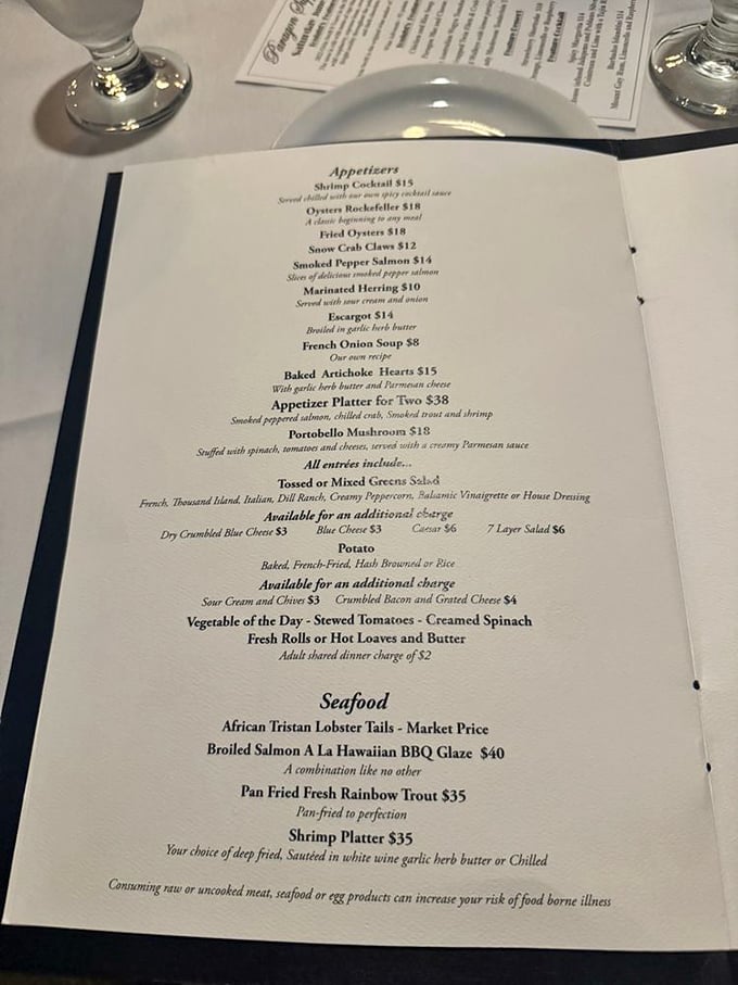 A menu that doesn't need emojis to explain itself. Classic dishes presented without pretension—the literary equivalent of Hemingway writing about dinner.