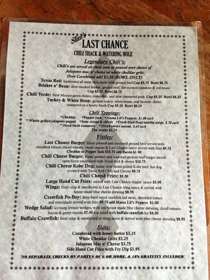This menu isn't just a list of food—it's a roadmap to happiness. Each "legendary chili" option promises a different path to comfort food nirvana.