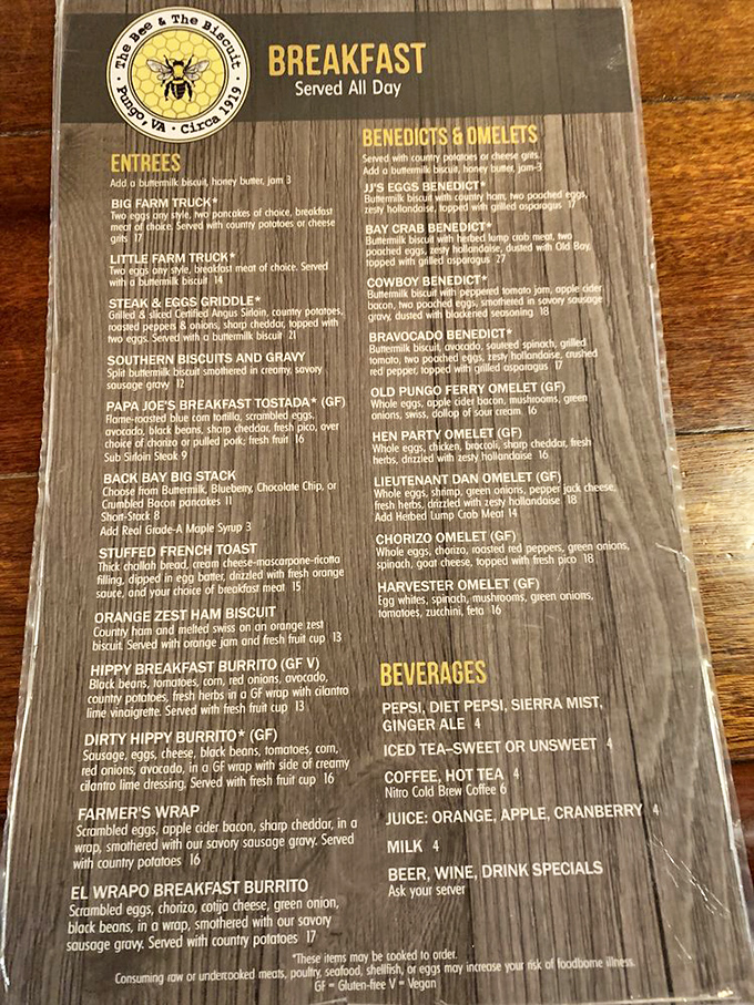 A menu that reads like a love letter to breakfast. Choosing between the Bravocado Benedict and Orange Zest Ham Biscuit might be today's biggest challenge.