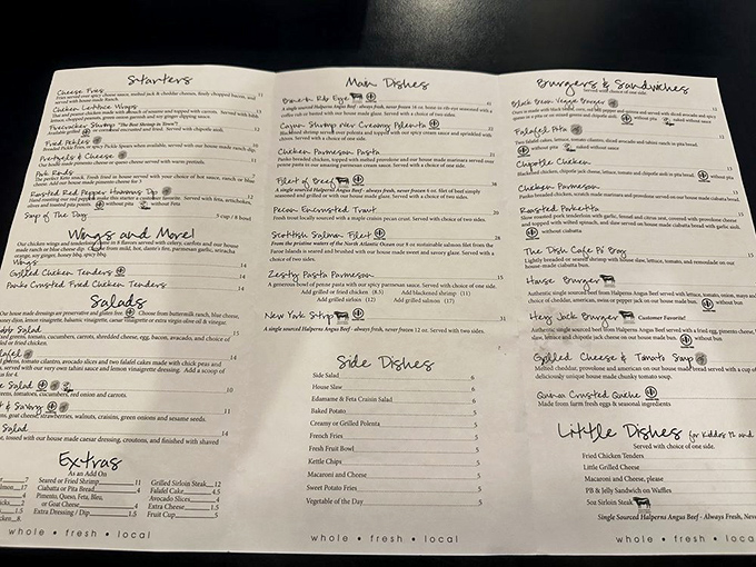 This menu isn't just a list of options—it's a roadmap to happiness with "whole • fresh • local" as your trusty compass points.