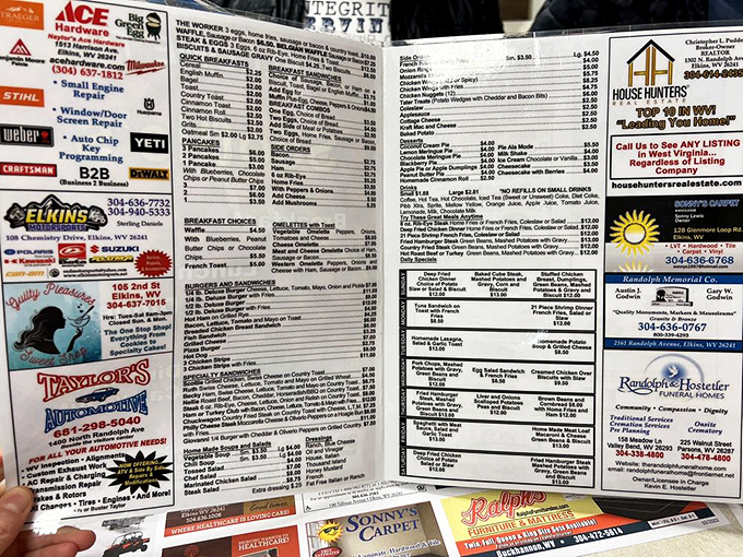 This menu, bordered by local business ads, is the roadmap to happiness – with prices that feel like a welcome trip back in time.