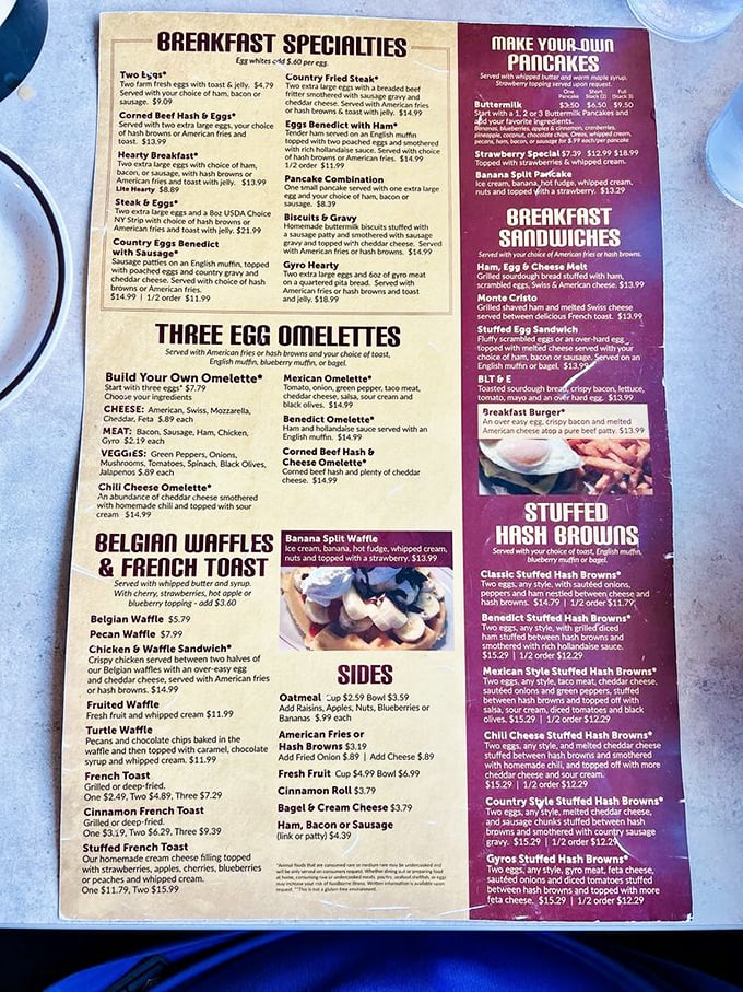 A menu that reads like a love letter to breakfast, offering endless ways to satisfy your morning cravings.