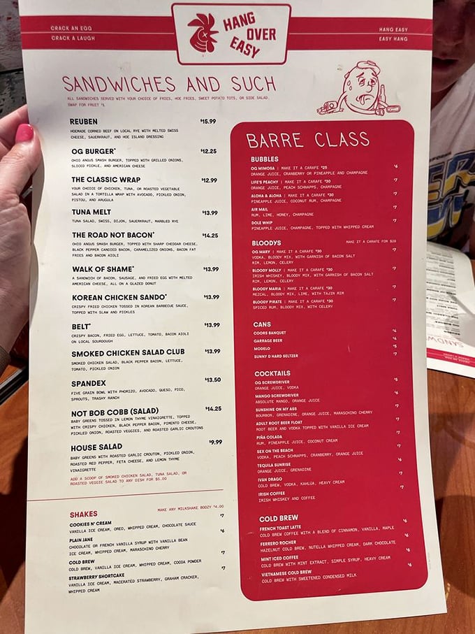 A menu that reads like poetry to hungry souls. Note the "Walk of Shame" sandwich—because they truly understand your morning-after needs.