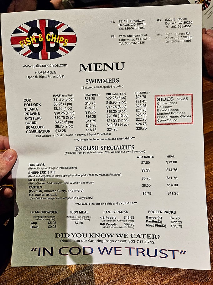 "In Cod We Trust" isn't just clever wordplay—it's the gospel truth at GB, where the menu offers swimmers and British specialties made from scratch.