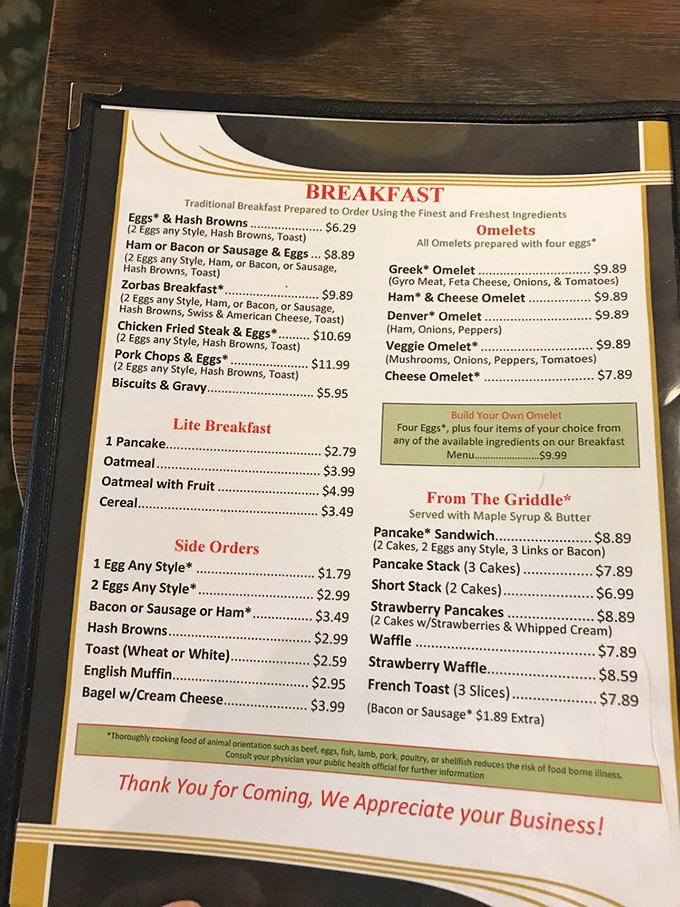 This menu isn't just a list of food—it's a roadmap to happiness with pancake landmarks and omelet destinations clearly marked for your journey.