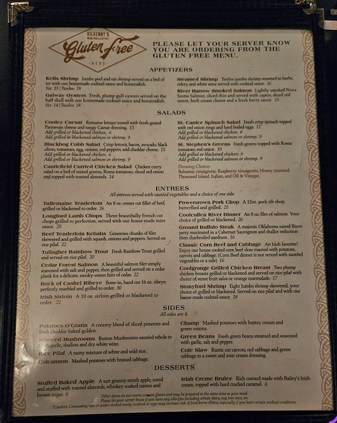 A menu that reads like a love letter to Ireland—gluten-free options included, because even leprechauns watch their wheat intake these days.