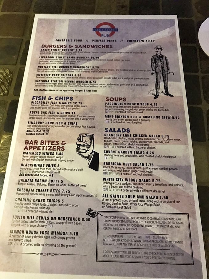 A menu that reads like a London tube map, with each dish named after British landmarks. Fish and chips come in varieties that would make the Queen nod approvingly.