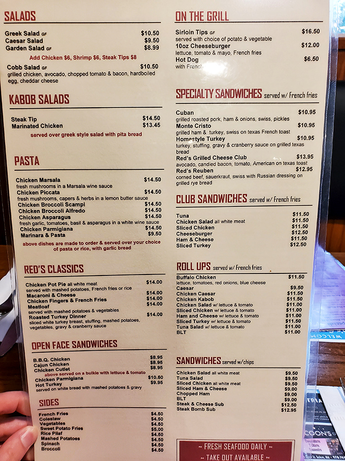 A menu that reads like a love letter to comfort food – from pancakes to Reubens, Red's doesn't just serve meals, it serves memories.
