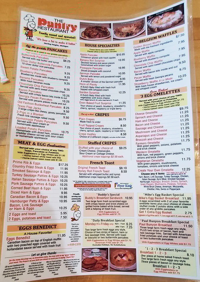 A menu that reads like breakfast poetry – where deciding between blueberry pancakes and apple waffles becomes life's most delicious dilemma.